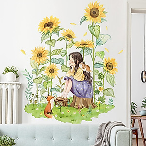 Sunflower and Girl Wall Decals Garden Flower Wall Stickers Bedroom Living Room TV Wall Art Decor Murals 29 in X 33 in (Sunflower and Girl)