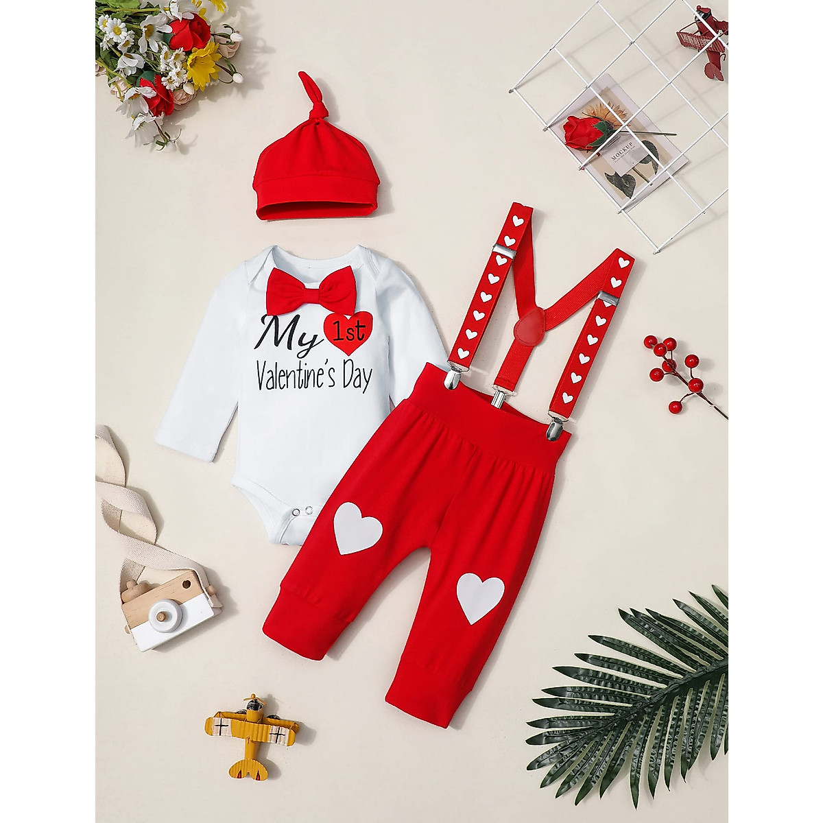 Dearnow Baby Boy Valentines Day Outfit 6-9 months My First Valentines Day Long Sleeve Romper+Suspender Pants+Hat 3Pcs Spring Outfit valentines baby boy outfit