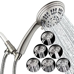 G-Promise High Pressure Shower Head 6 Spray Setting Hand Held Shower Heads with Adjustable Solid Brass Shower Arm Mount Extra Long Flexible Stainless Steel Hose(Brushed Nickel)