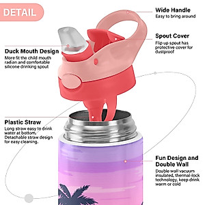 Purple Sky Palm Trees Kids Water Bottle with Straw Lid, Vacuum Insulated Stainless Steel Double Walled Leakproof Tumbler Travel Cup for Girls Boys Toddlers, 12 oz