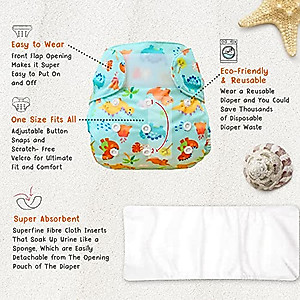 Cheekaaboo 2-in-1 Reusable Swim Diapers, Multipurpose Baby Swim Diaper, Leak-Proof Reusable Diapers with Inserts, Made for Beach, Pool and Outdoors, Turquoise/Dino, Fits Babies 6 Months to 3 Years