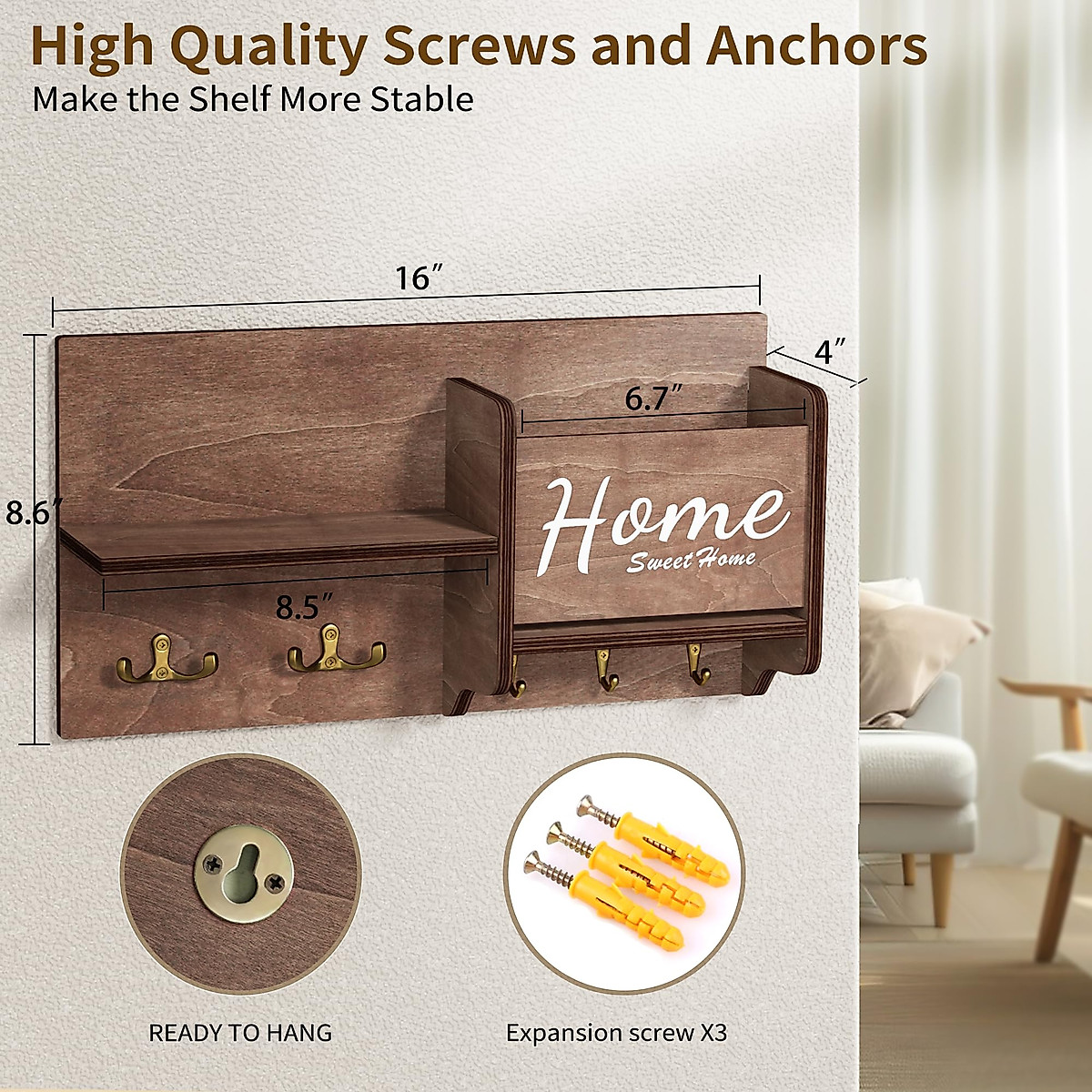 GiftMust Wall Mounted Key Holder Organizer with Storage, DIY Assembling Decorative Wall Mounting shelf with Key Hangers for Home, Kitchen, Bathroom, Bedroom, Living Room, Dining Room, Entryway