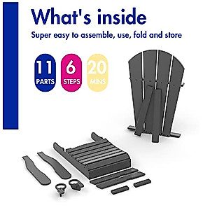 BRIOPAWS Folding Adirondack Chairs with Ottoman Set of 2, Weather Resistant HDPE Patio Chair w/Cup Holders & Retractable Footrest for Poolside Lawn Fire Pit Deck Outdoor Porch Campfire, Grey, 2 Pack