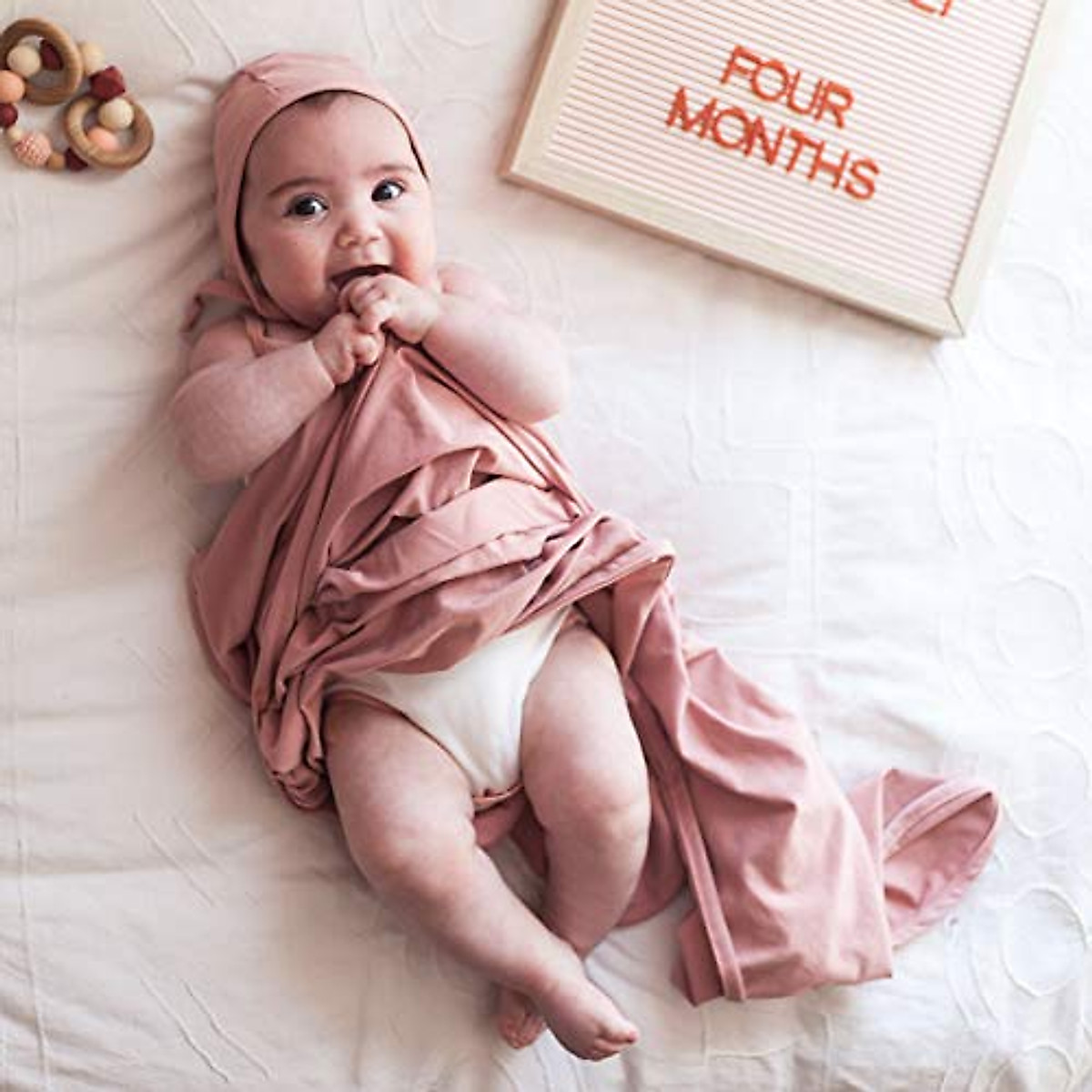 Ely’s & Co. Jersey Swaddle Blanket, Baby Beanie Hat and Bow Headband Set Jersey Cotton Set for Baby Girl – (Dusty Rose)