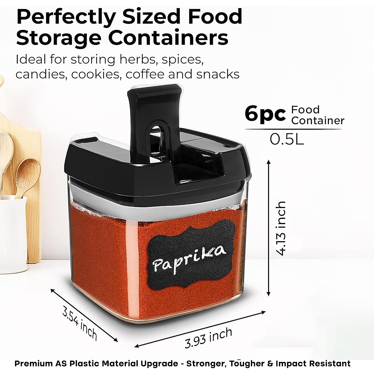 Shazo Airtight 6 Pc Mini Container Set + 6 Spoons, Labels & Marker - Durable Clear Plastic Food Storage Containers with Lids - Kitchen Cabinet Pantry Containers for Spices, Herbs, Coffee, Tea etc