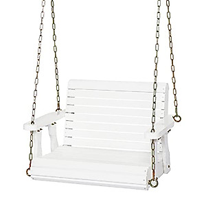 VINGLI Heavy Duty 440 LBS 1-Person Wooden Patio Porch Swing for Adults & Kids, Well-Finished Outdoor Single Swing Chair Bench with Adjustable Chains for Porch, Yard, Balcony, Tree (White)