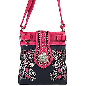 Justin West Western Tooled Floral Rose Laser Cut Rhinestone Concho Buckle Messenger Bag Purse with Long Crossbody Strap (Hot Pink)