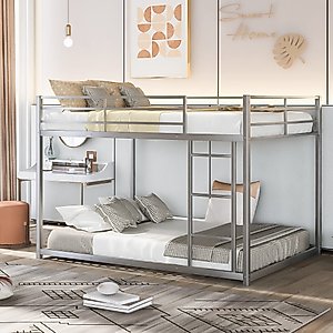 Full Over Full Bunk Bed with Ladder,Metal Floor Bunk Bed Frame with Safety Guardrail and Steel Slats Support for Kids Teen Girls Boys Adults Bedroom Furniture,Heavy Duty Metal Bed Frame (Silver, Full)