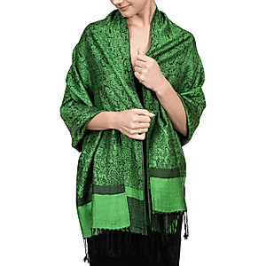 Achillea Women's Two Tone Vintage Jacquard Paisley Pashmina Shawl Wrap Scarf (Kelly Green)