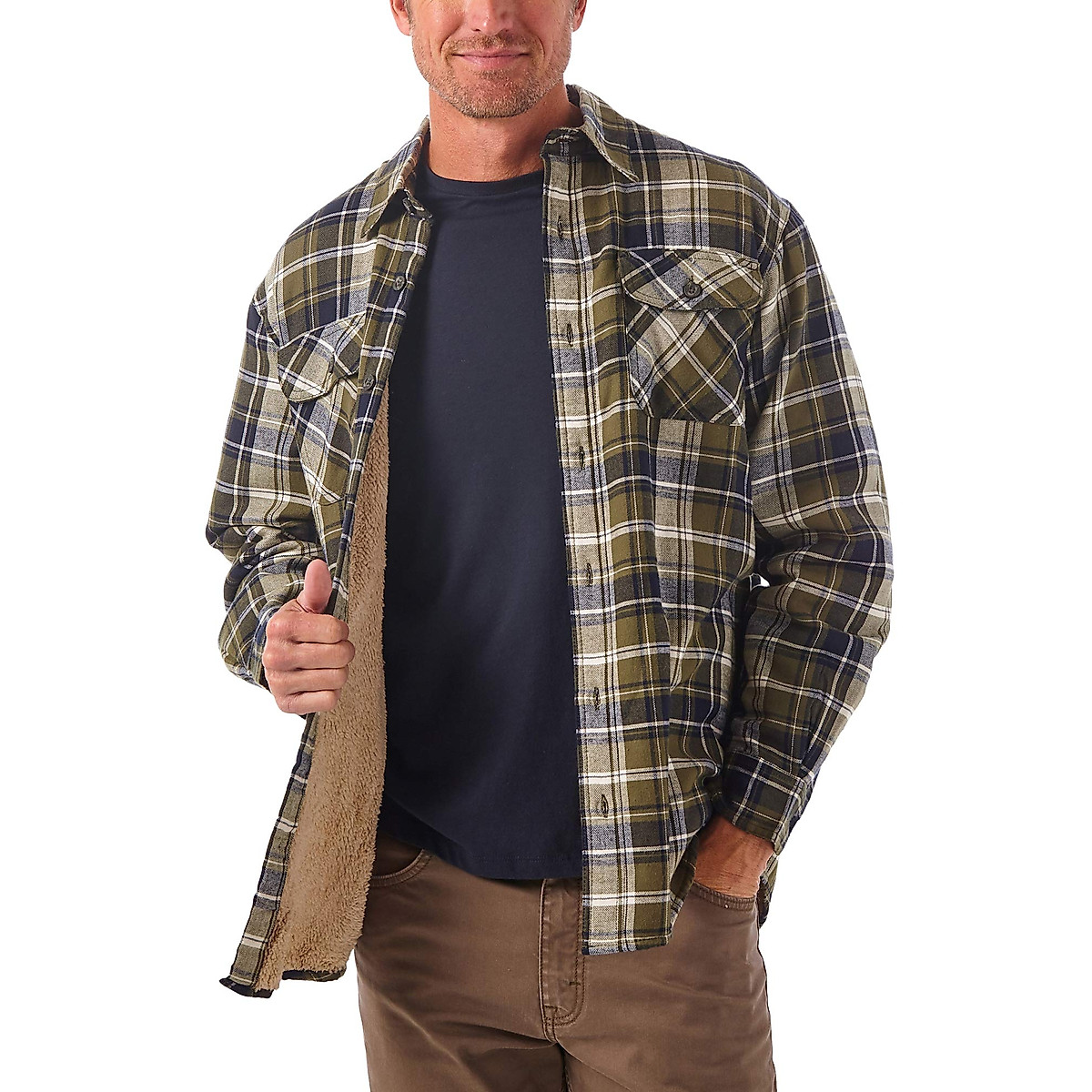 Wrangler Authentics Men's Long Sleeve Sherpa Lined Shirt Jacket, Olive Sky, 3X-Large