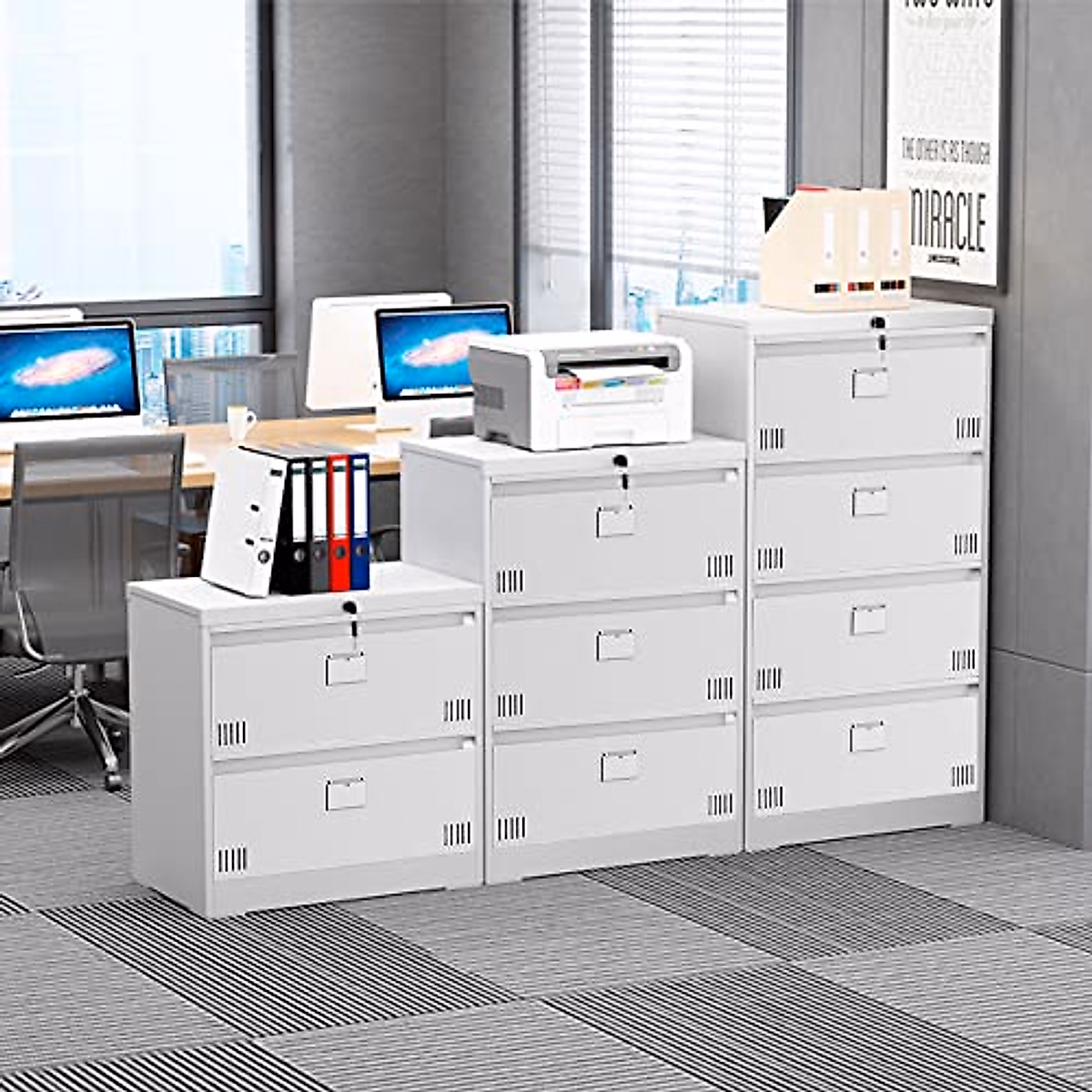 Lateral File Cabinet with Lock, 2 Drawer Metal File Cabinets for Home Office Hanging Letter/Legal/F4/A4, Metal Horizontal File Cabinet with Card Slot for Easy Organization(White)