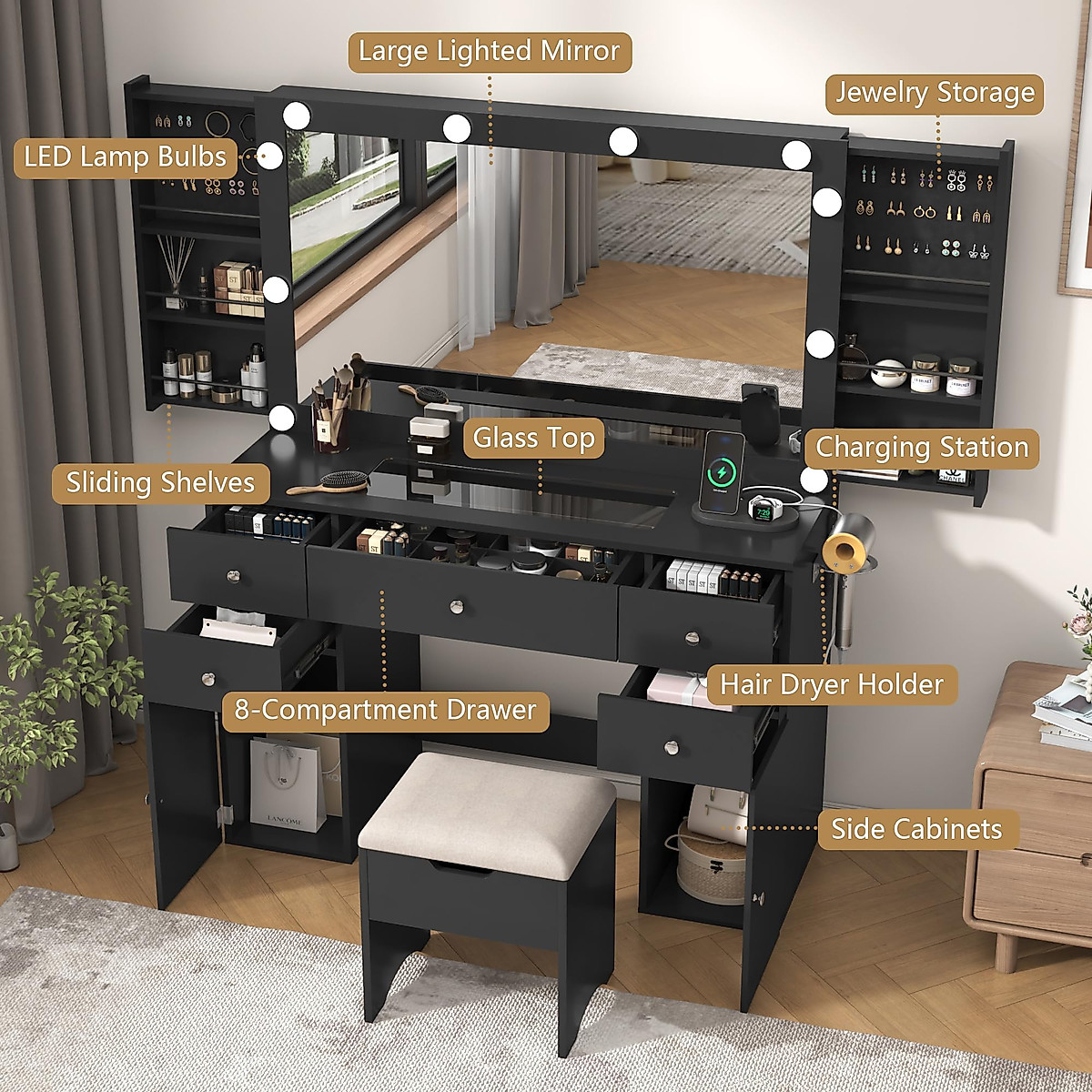 Vanity Desk with Lighted Mirror & Power Outlet, Makeup Vanity Table with 5 Drawers & 2 Cabinets, Large Vanity Set with Stool, Glass Top, Sliding Jewelry Storage Shelves, for Women Girls, Black