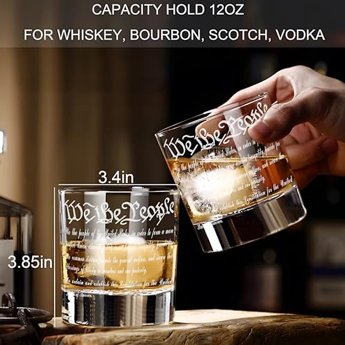 YJGS Whiskey Glasses, US Constitution Glass We The People Whiskey Glasses Set of 2, 12 oz Old Fashioned Rocks Glasses, American Patriotic Whiskey Glasses Gift for Men Dad