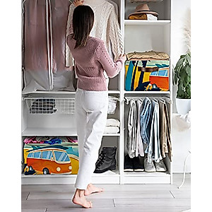 Summer Travel Storage Bin for Shelves with Leather Handles, 15 X 11 X 9.5 Inches Waterproof Storage Bins for Clothes Toy Blanket Books Organizers Storage Tropical Palm Trees and Seaside Bus