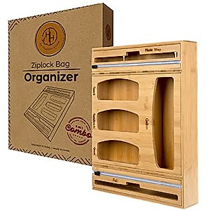 6-in-1 Slim Profile Bamboo Ziplock Bag Organizer for Drawer - Foil and Plastic Wrap Organizer | Baggie & Storage Bag Kitchen Organizer for Gallon, Quart, Sandwich, Snack