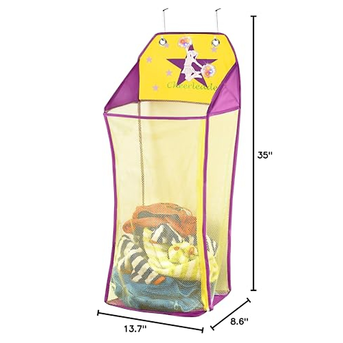 Store & Score Over The Door Hanging Kids Fun LED Cheerleader Light-Up Collapsible Mesh Laundry Hamper, Toy Chest, Heavy Duty Metal Hooks Included. Patent Pending.