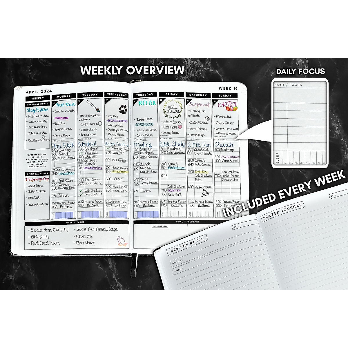 2024 Christian Daily Planner Black 7" x 10" Monthly and Weekly Planner, Journal & Church Companion w/ Metal Pen, No Bleed Paper, Scripture & More!