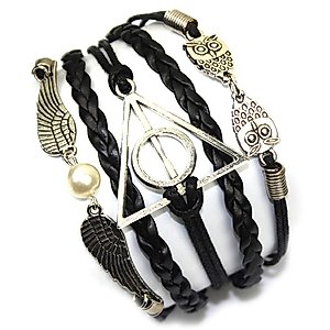 Handcrafted Harry Potter Bracelet, Antique Silver Harry Potter, Bead,Owls, Wings Charm Black Leather Bracelet Wristband Jewelry Gift