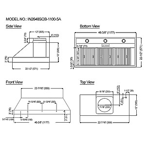 KOBE IN2648SQB-1100-5A Deluxe 48" Built-In/ Insert Range Hood, 6-Speed, 1100 CFM, LED Lights, Baffle Filters, Stainless steel