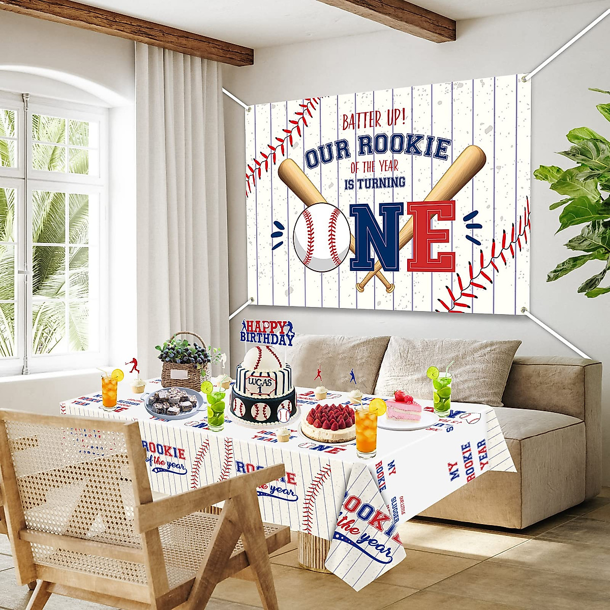 Baseball 1st Birthday Decoration, My Rookie Year Banner Backdrop for Boys Baby First Birthday Party Decor, Baseball Rookie of The Year Decoration, 71x47inch Baseball One Year Old Decor
