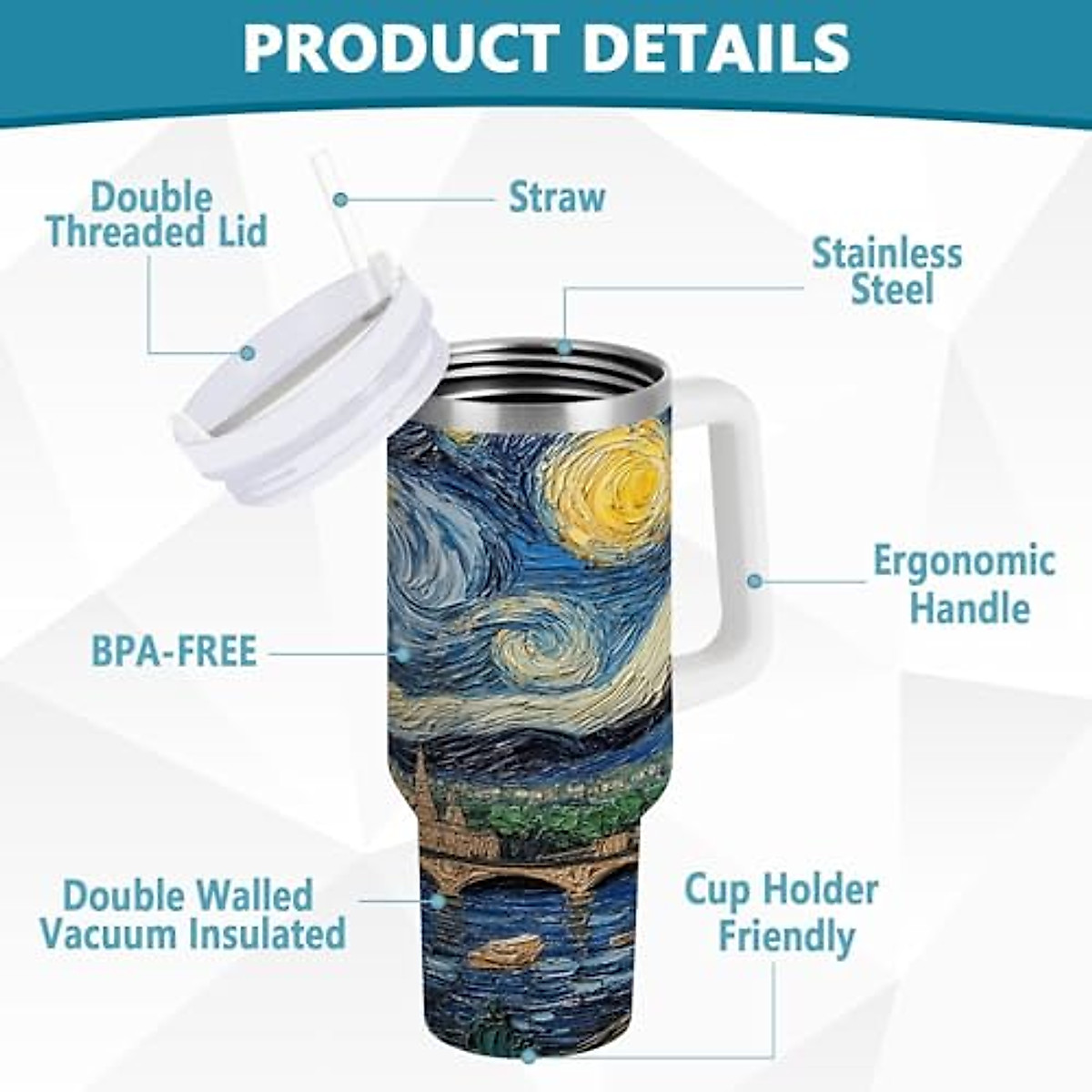 RPLIFE Paris Starry Night 40oz Tumbler with Handle, Stainless Steel Tumbler with Straw, Travel Coffee Tumbler