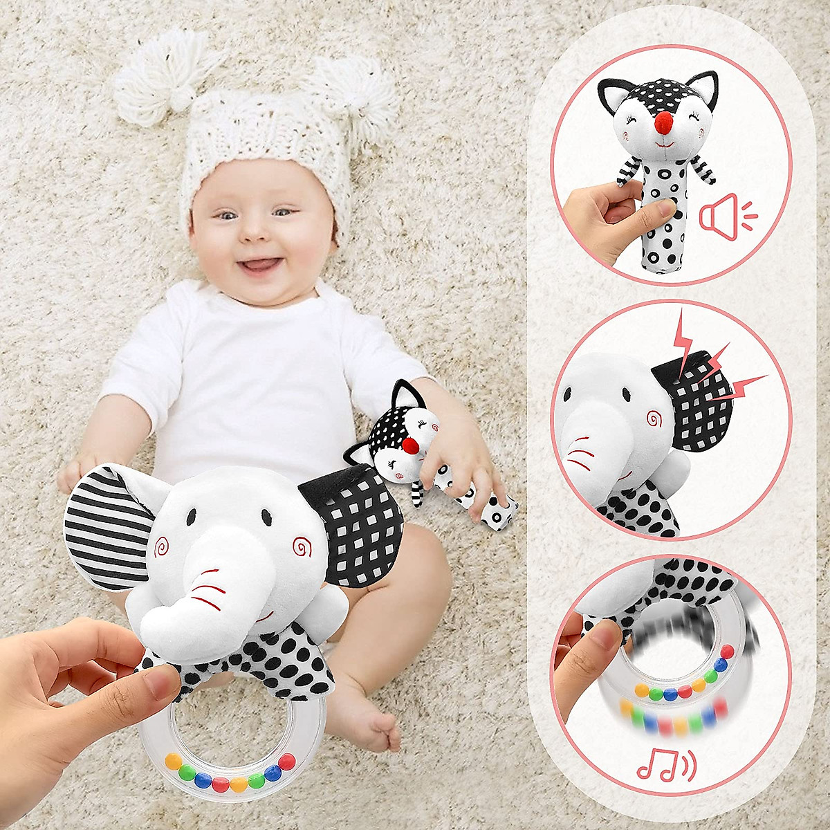 Baby Rattles 0-6 Months Newborn Toys Infant Toys 0-6 Months Rattles for Babies 0-6 Months Baby Toys 0-6 Months, Black and White High Contrast Baby Toys for Newborn 0 3 6 9 12 Months Girls Boys
