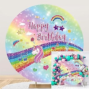 AWERT Polyester Diameter 3ft Round Rainbow Unicorn Backdrop for Girls Happy Birthday Fantasy Colorful Sky Glitter Sequins Photo Background Kids 1st 2nd Birthday Party Baby Shower Decoration