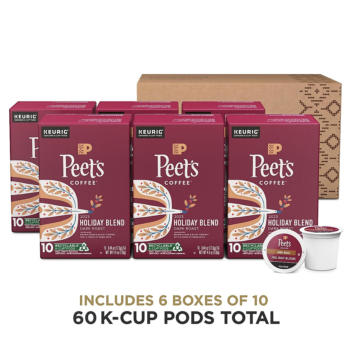 Peet's Coffee , Dark Roast K-Cup Coffee Pods for Keurig Brewers - Holiday Blend 2023 60 Count (6 Boxes of 10 K-Cup Pods)