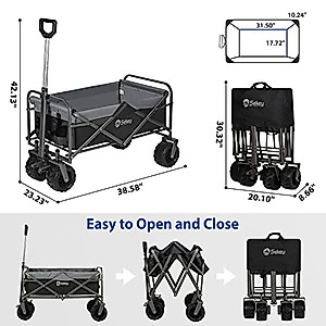 Sekey Collapsible Foldable Wagon with 220lbs Weight Capacity, Heavy Duty Folding Garden Cart with Big Beach Brake Wheels & Drink Holders.Black with Grey
