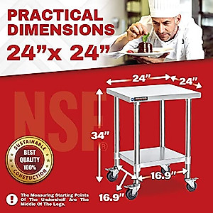 DuraSteel Food Prep Stainless Steel Table - 24 x 24 Inch Metal Table Cart - Commercial Workbench with Caster Wheel - NSF Certified - For Restaurant, Warehouse, Home, Kitchen, Garage, Chrome