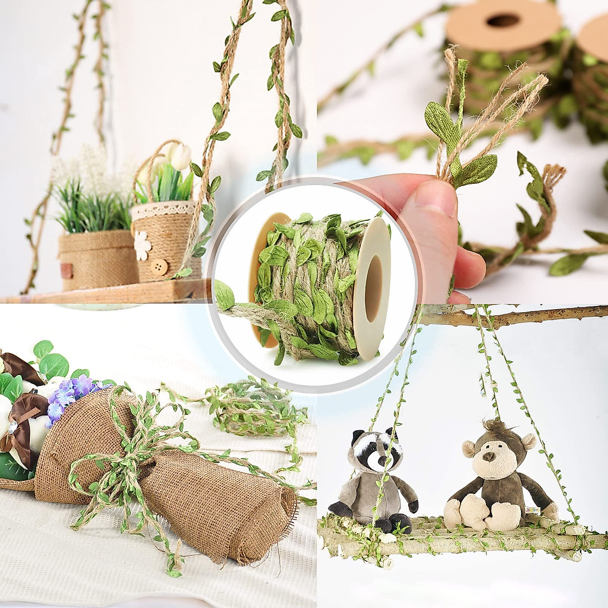 4 Pack Artificial Green Leaves Natural Burlap Leaf Ribbon Twine Artificial Jungle Vines Leaves for Wedding Home Garden, Jungle Party Décor