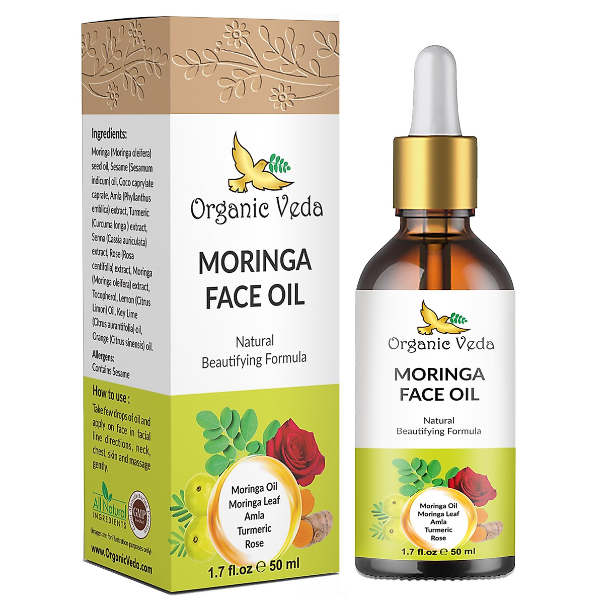 Organic Veda Moringa Face Oil with Dropper - 100% Natural Moringa Seed Oil with Turmeric & Rose Extract for Soft & Radiant Skin - Anti-aging, Reduce Wrinkles, Minimize Age Spots - 50ml (1.7 fl.oz)