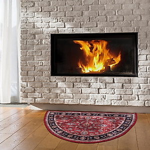 Cozy Floor Mats Hearth Rug, Low Profile, 26"x 39" Fireplace Red, Half Circle, Fire Resistant Mat, Classic Design, Floral, Half Moon Shape, Non Slip Kitchen Rug, Cabin Cottage Lodge, 2'2"x 3'3"