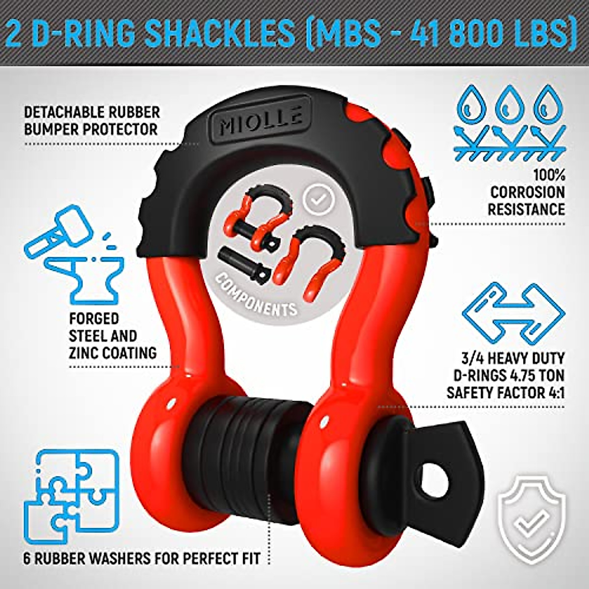 Kinetic Recovery Tow Rope (33,900lbs), with 2 D Ring Shackles (41,800lbs), Tow Rope for Truck Heavy Duty, Offroad Recovery Kit for 4WD Pick Up Truck, SUV, ATV, UTV (Silver-Blue, 1x30)