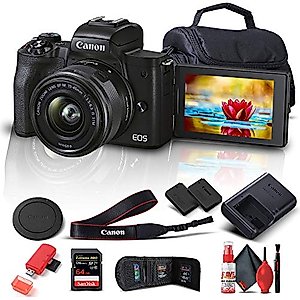 Canon EOS M50 Mark II Mirrorless Digital Camera with 15-45mm Lens (Black) (4728C006) + 64GB Extreme Pro Card + Extra LPE12 Battery + Case + Card Reader + Deluxe Cleaning Set + Memory Wallet + More