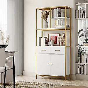 HITHOS 71" Tall Bookshelf, Modern White and Gold Bookcase, Book Shelves with Drawers and Storage Cabinet, Metal Etagere Bookcase Display Shelves for Home Office, Gold/White