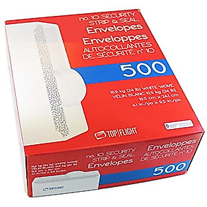 Top Flight PSTF10NWT #10 Envelopes, Strip & Seal, Security Tinted, White Paper, 24 lb, 500 Count