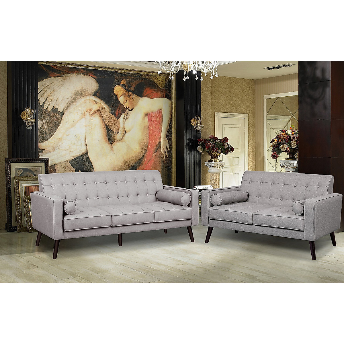 Container Furniture Direct S5302-L Valadez Linen Upholstered Tufted Mid-Century Modern Loveseat with Bolsters, Light Brown