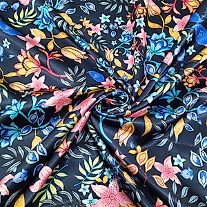 Vintage Printed Satin Fabric Silk Charmeuse Material for Scarf Dress Lining Sewing Material DIY Decorative Satin Charmeuse Cloth (Navy)