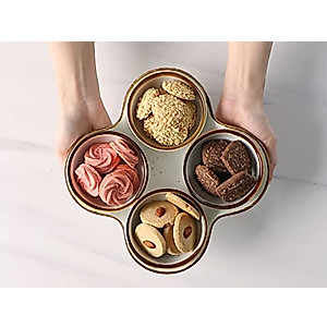 ONEMORE Chip and Dip Serving Set, 10 inch Ceramic Divided Serving Platter Large Appetizer Tray with 4 Removable Dishes for Nuts, Candy, Snacks, Veggies - Creamy White Serving Bowls for Entertaining