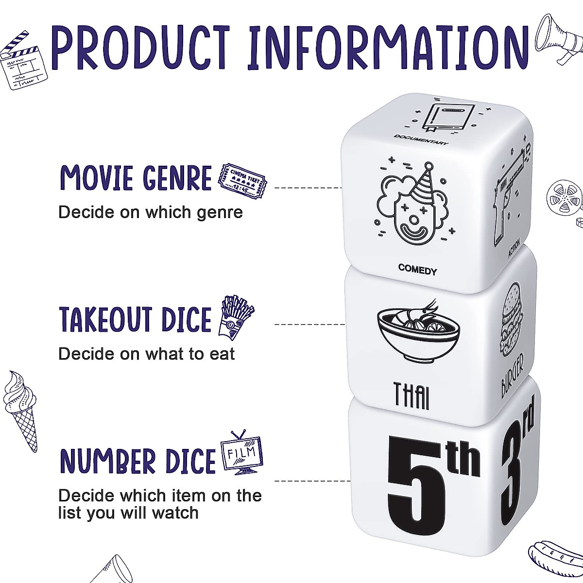 Landhoow 3 Pcs Dinner and a Movie Decider Dice Valentines Day Gifts for Him Her Decision Dice with a Black Velvet Storage Bag for Couples Games Wedding Honeymoon Anniversary Present, 0.8 Inch