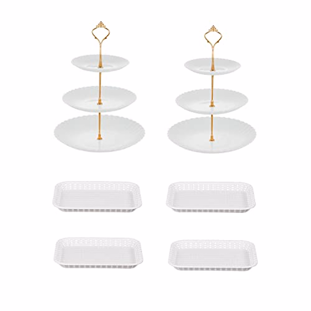 Ctfflhhy 6pcs Cupcake Stand Set with 2 3 Tier Cake Stand + 4 Square Plastic Serving Trays for Wedding Birthday Party