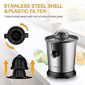 Homeleader Electric Citrus Juicer, Lemon Squeezer with Stainless Steel, Orange Squeezer with Two Cones, Powerful Motor for Grapefruits, Orange and Lemon, Black