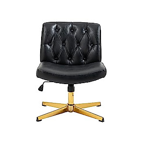 VanTook Home Office Swivel Desk Chair, Modern PU Vanity Chair, Height Adjustable Armless Computer Executive Chair Task Chair with Gold Base for Living Room, Makeup, Studying, Black