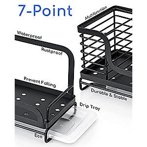 ODesign Kitchen Sink Organizer Sponge Brush Holder with Drain Pan Tray Sink Caddy Countertop Stainless Steel Rustproof - Black