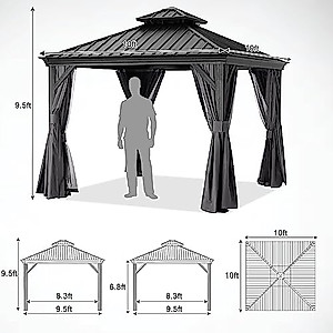 ABCCANOPY 10x10 Hardtop Gazebo - Outdoor Permanent Gazebo with Galvanized Steel Double Roof, Aluminum Pavilion with Netting and Curtain for Patio, Lawn, Garden (Double Roof, Gray)