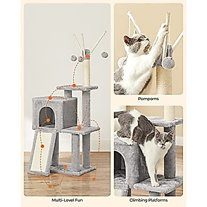 Feandrea Cat Tree, Small Cat Tower for Indoor Cats, Kittens, Multi-Level Plush Cat Condo, 16.5 x 12.6 x 46.5 Inches, Scratching Post, Ramp, 3 Removable Pompom Sticks, Cat Cave, Light Gray UPCT143W01