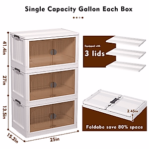 Clear Storage Bin with Lid 3 Pack 【Stackable & Sturdy】Plastic Bins for Storage, Multifunctional Folding Storage Bins for Bedroom, Living Room, Study, Toy Room, Folding Box with Magnetic door