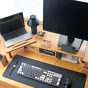 ROCDEER Dual Monitor Stand Riser with Drawer for Desk Laptop Desk Shelf with Adjustable Length and Angle, Bamboo Computer Stand Riser for 2 or 3 Monitors Screen Laptop PC TV -Natural
