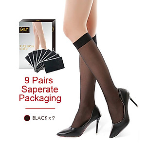 G&Y 9 Pairs Knee High Pantyhose with Reinforced Toe - 20D Nylon Stockings for Women,Black